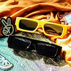 Hanj 90s Small Vintage Narrow Square Sunglasses for Men Women UV400 Trendy Retro Black Glasses Cool Rectangular Shades (Yellow)