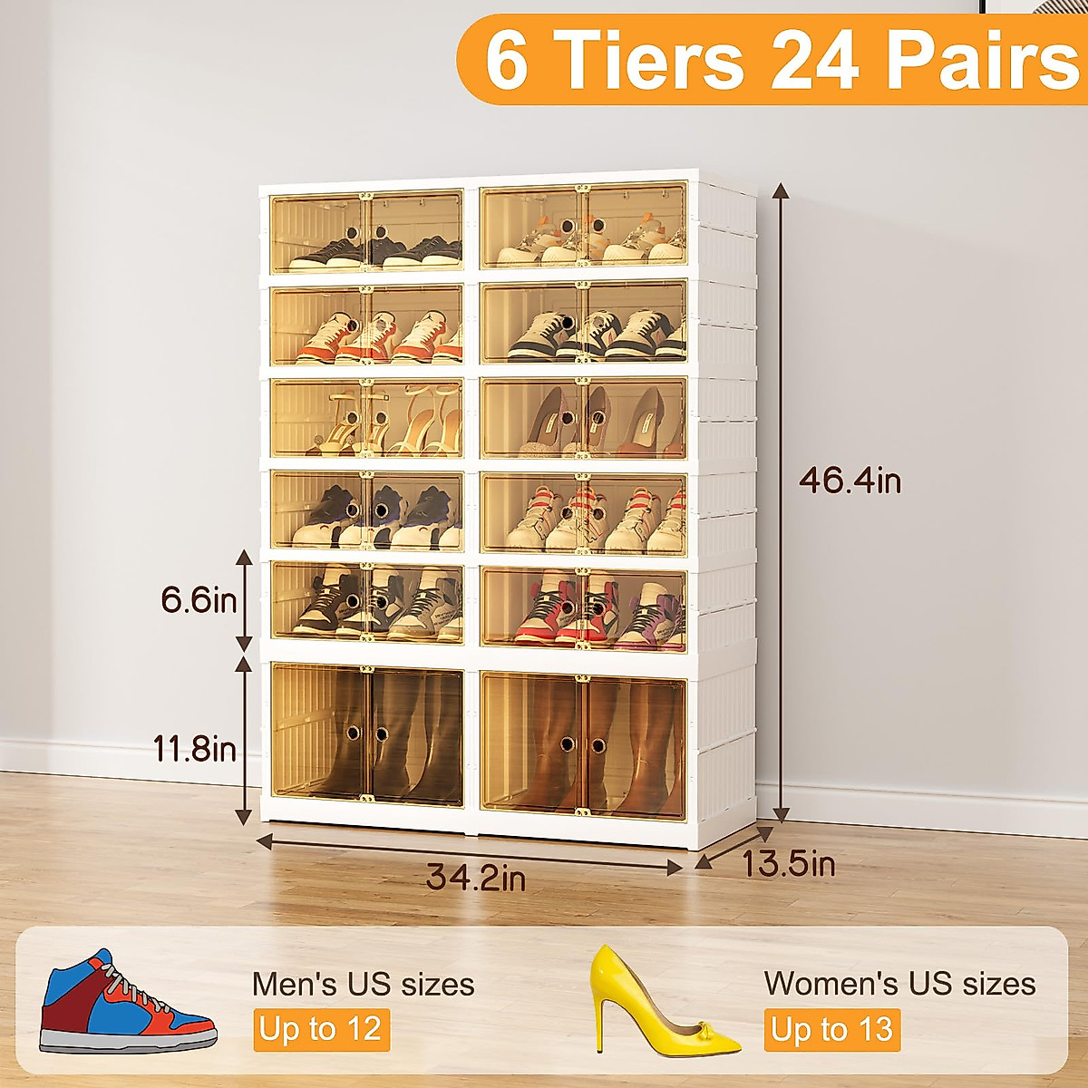 PeSenp 6 Tier Shoe Storage Cabinet Foldable Shoe Rack with Magnetic Clear Door, Easy Assembly Dust Free Collapsible Shoe Cabinet, 24 Pairs Shoe Storage Box Large Shoe Storage for Door Entrance