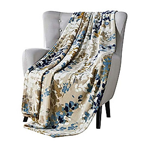 Decorative Floral Throw Blanket: Design Accent for Couch or Bed, Colors: Light Beige Navy Aqua Blue Yellow White