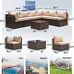 Halmuz 8 Piece Outdoor Patio Furniture Set with Gas Fire Pit Table, Wicker Propane Fire Pit Table Combo Sofa with Windshield and Coffee Table (Brown)