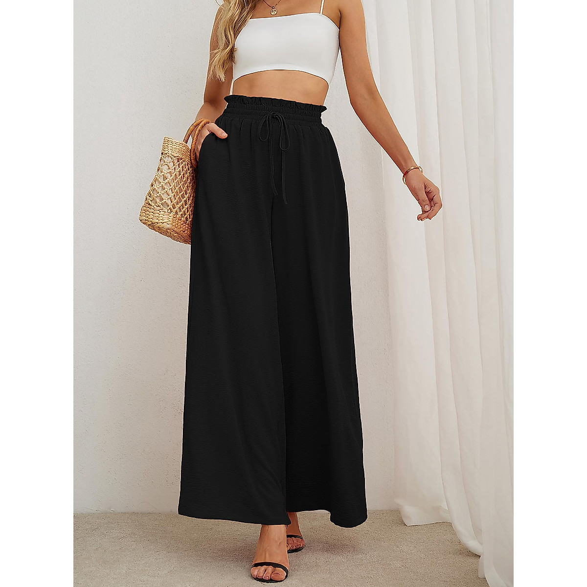 AusLook Women's Wide Leg Dress Pants with Pockets Black XX-Large Lightweight Elastic High Waisted Adjustable Tie Knot Flowy Loose Slacks Lounge Casual Ladies Beach Pleated Trousers