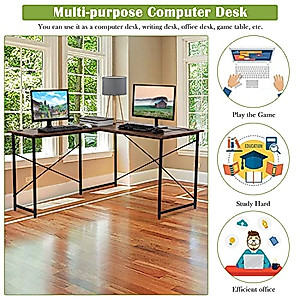 Lucky Shop L-Shaped Desk 47" Corner Computer Desk, Gaming Table with Sturdy X Leg, Adjustable Wood PC Desk, Modern Ergonomic Racing Style Study Desk Workstation, Space-Saving for Home Office, Brown
