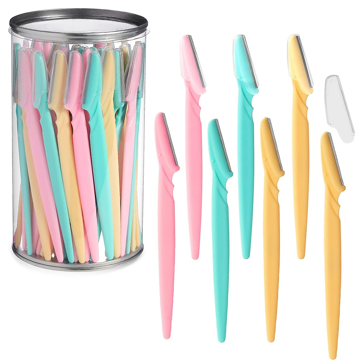 Glamlily 60-Pack Eyebrow Facial Razor for Women, Multipurpose Dermaplane Hair Remover Trimmer Tool, Colorful Shaving Tool Bulk Set, Disposable Self-Care (3 Colors, 6x1.4 In)