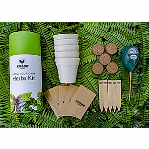 Awake Farms Indoor Herb Garden Seed Starter Kit – Indoor Grow Kit with Bamboo Pots, Soil Discs, Moisture Meter, Plant Markers, Seeds - Herb Seeds Variety Pack Indoor – Ideal for Balcony, Windowsill