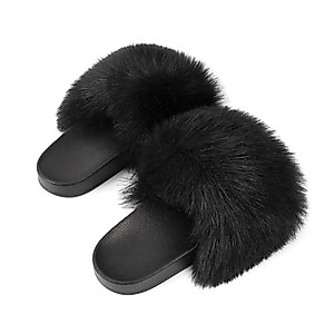 FUNKYMONKEY Women's Slides Faux Fur Cute Slip On Fuzzy Slippers Comfort Flat Sandals (10 M US, New Black)