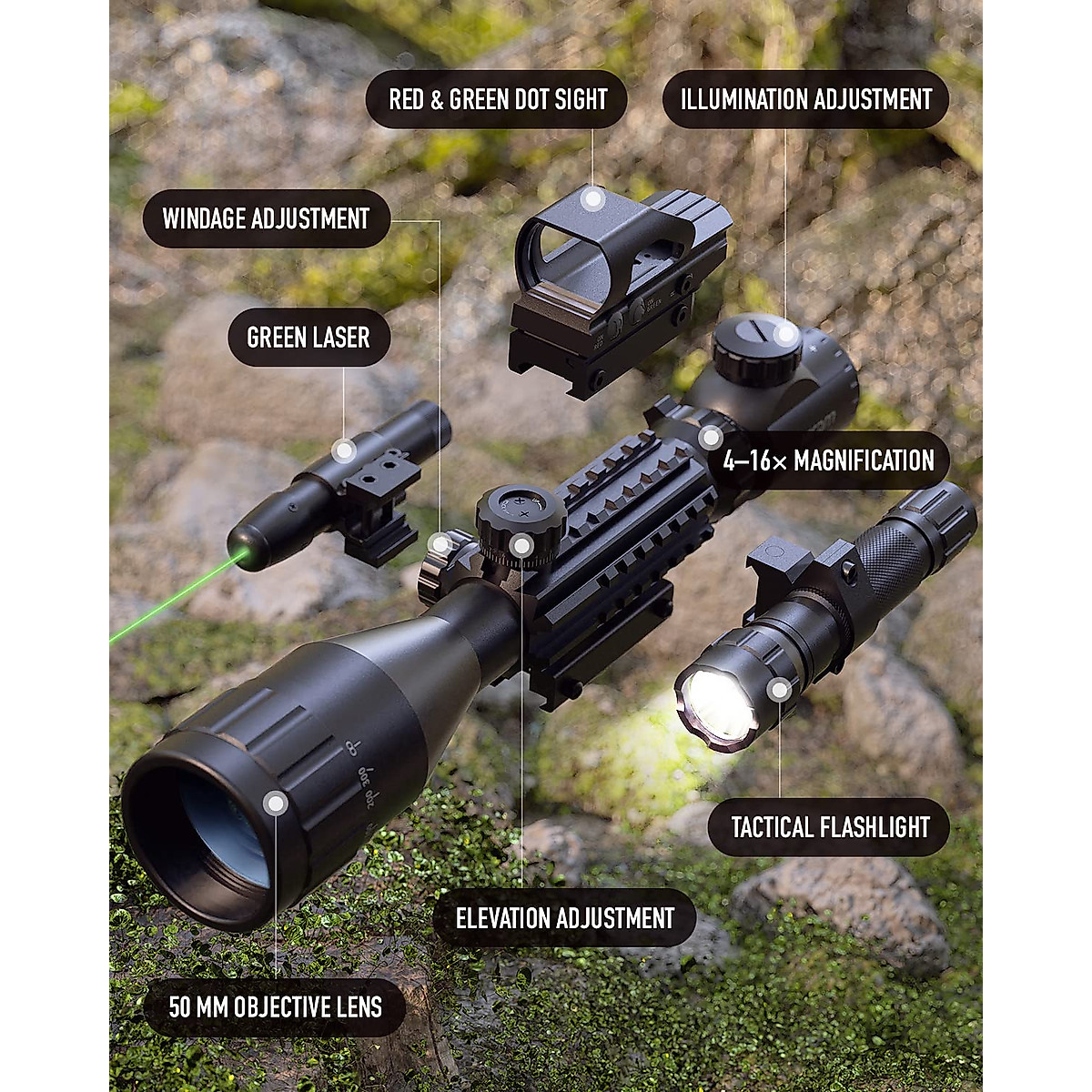HIRAM 4-16x50 AO Rifle Scope Combo with Green Laser, Reflex Sight, and 5 Brightness Modes Flashlight