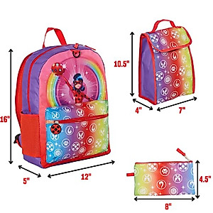 Miraculous Ladybug Backpack Set with Lunch Bag for Girls, 16 inch, 5 Piece Value Set, Rainbow