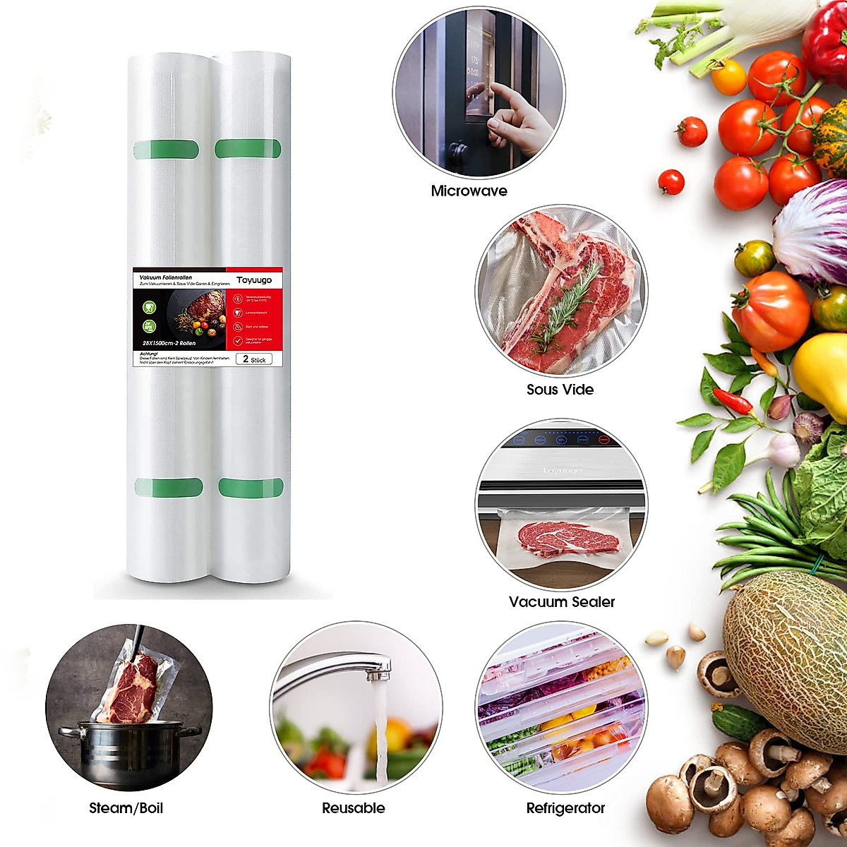 Vacuum Sealer Bags, 2 Rolls Thicker Heavy-Duty Commercial Quality Textured Vacuum Seal Bags for Food Storage Saver Sous Vide Cooking.