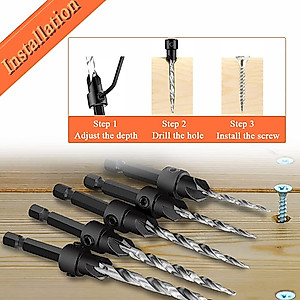 5 Pcs Countersink Drill Bits, Bestgle High Speed Steel Counter Sinker Drill Bits with Chamfering Combination for Woodworking, Imperial Hex Shank HSS Taper Bits 9/64", 3/16", 7/32", 11/64", 7/64"