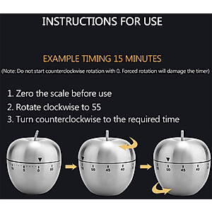 Ranvi Kitchen Timer, Apple-Shaped Stainless Steel Mechanical Rotating Timer, 60 Minutes Cooking
