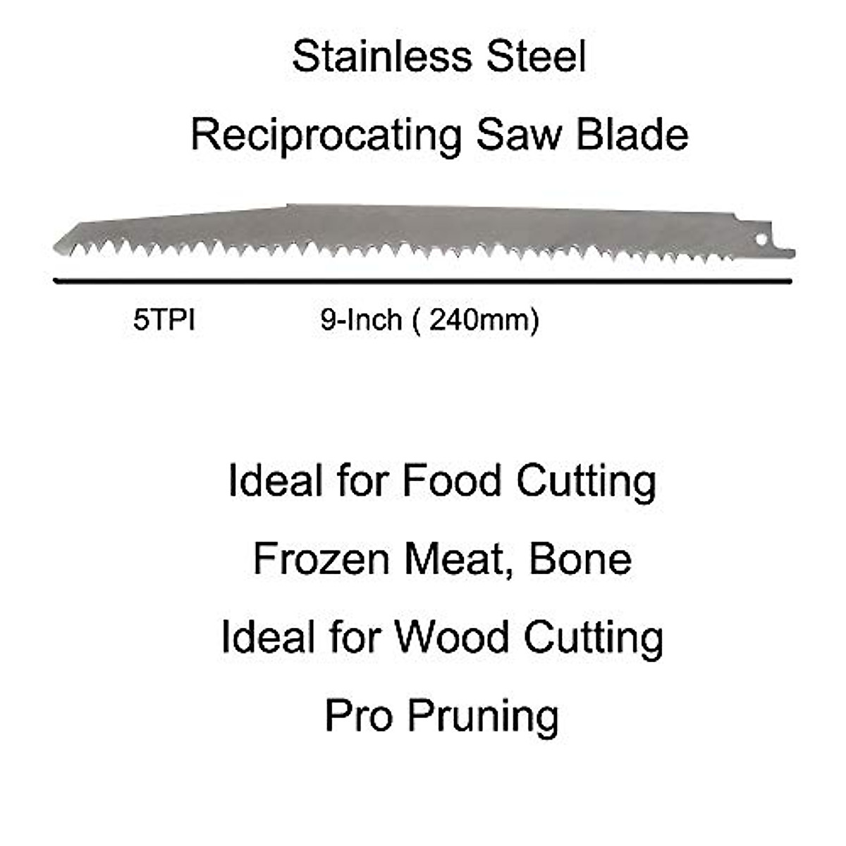 9" Stainless Steel Reciprocating Saw Blades for Food Cutting - 5TPI Big Teeth Stainless Steel Reciprocating Saw Blades Multi Cutting for Frozen Meat, Beef, Turkey, Bone, Wood, Pruning (5 Pack)