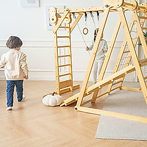 Avenlur Chestnut 7-in-1 Indoor and Outdoor Foldable Jungle Gym Playset for Kids Aged 2-6yrs with Slide, Rock Climb Wall, Climbing Ladder, Rope Net, Monkey Bars, Swing, and Ninja Ring - USA Company