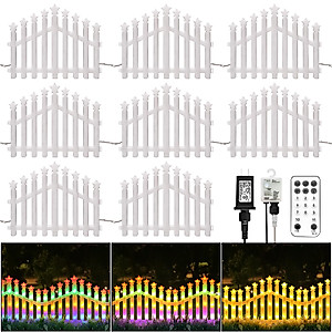 Garden Picket Fence Lights 8 Pack, 11 Modes Fence Lights with Remote,13.8 x 11 inch Christmas Tree Fence Lights Plug in,Plastic White Edgings Garden Picket Fence Lights for Landscape Patio Yard Xmas