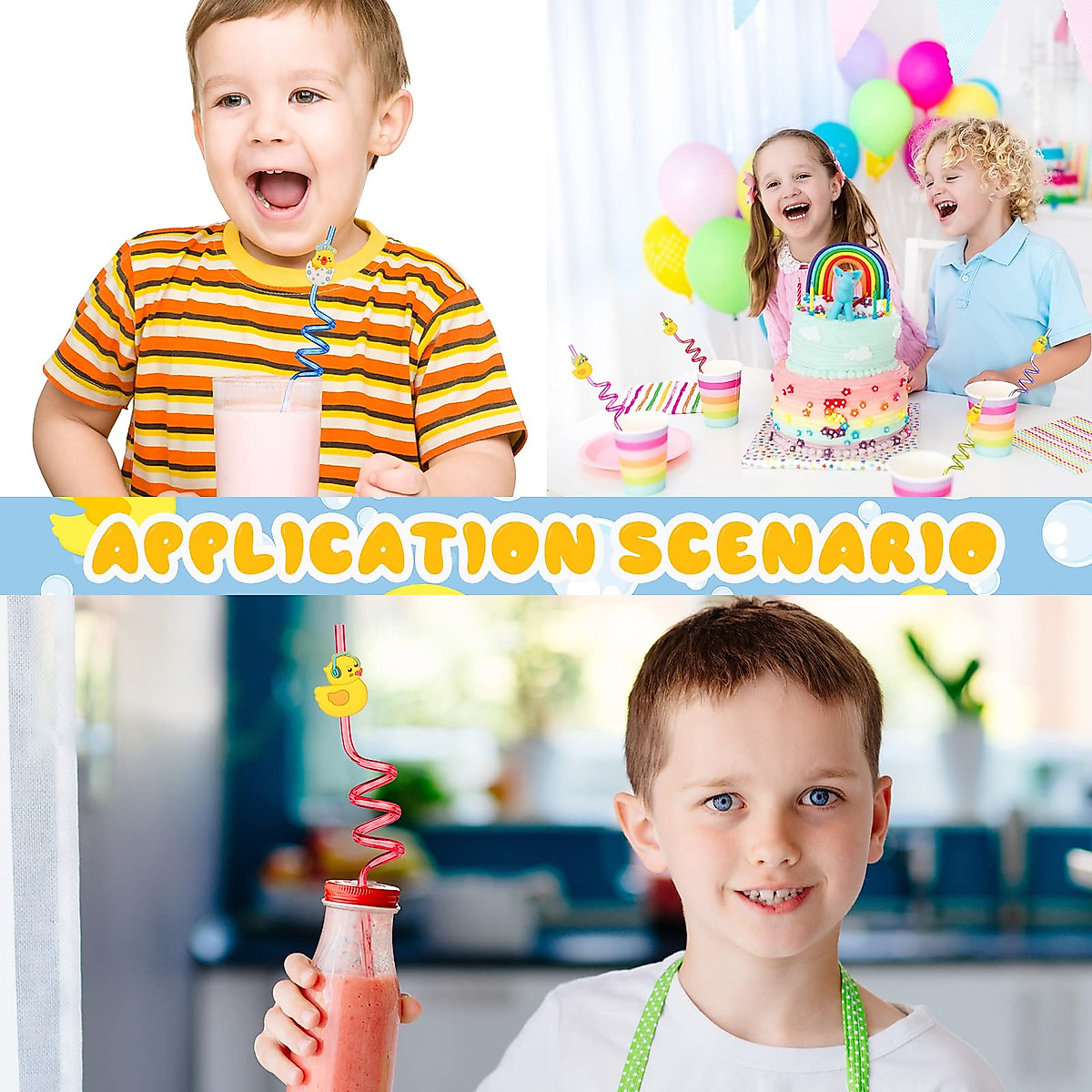 24 Pcs Duck Straws Duck Birthday Party Favors Duck Drinking Straws with 2 Pcs Cleaning Brushes Yellow Duck Theme Reusable Plastic Silly Straws for Kids Birthday Party Supplies, 8 Designs