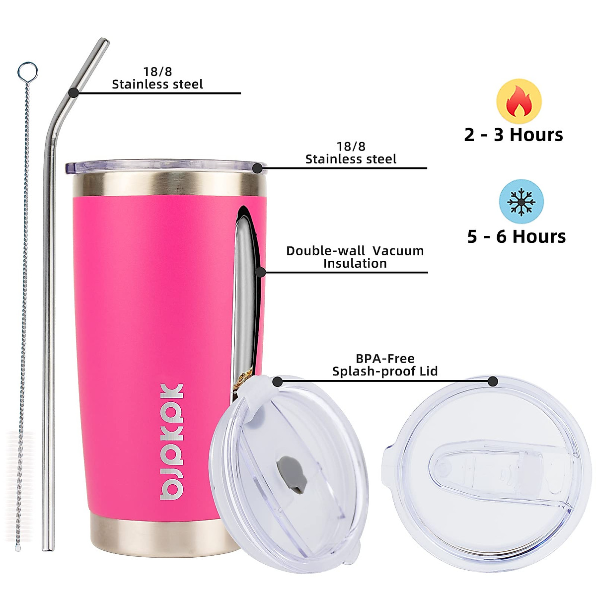 BJPKPK 20 oz Insulated Tumblers With Lid And Straw Travel Coffee Mug Tumbler Cup,Pink