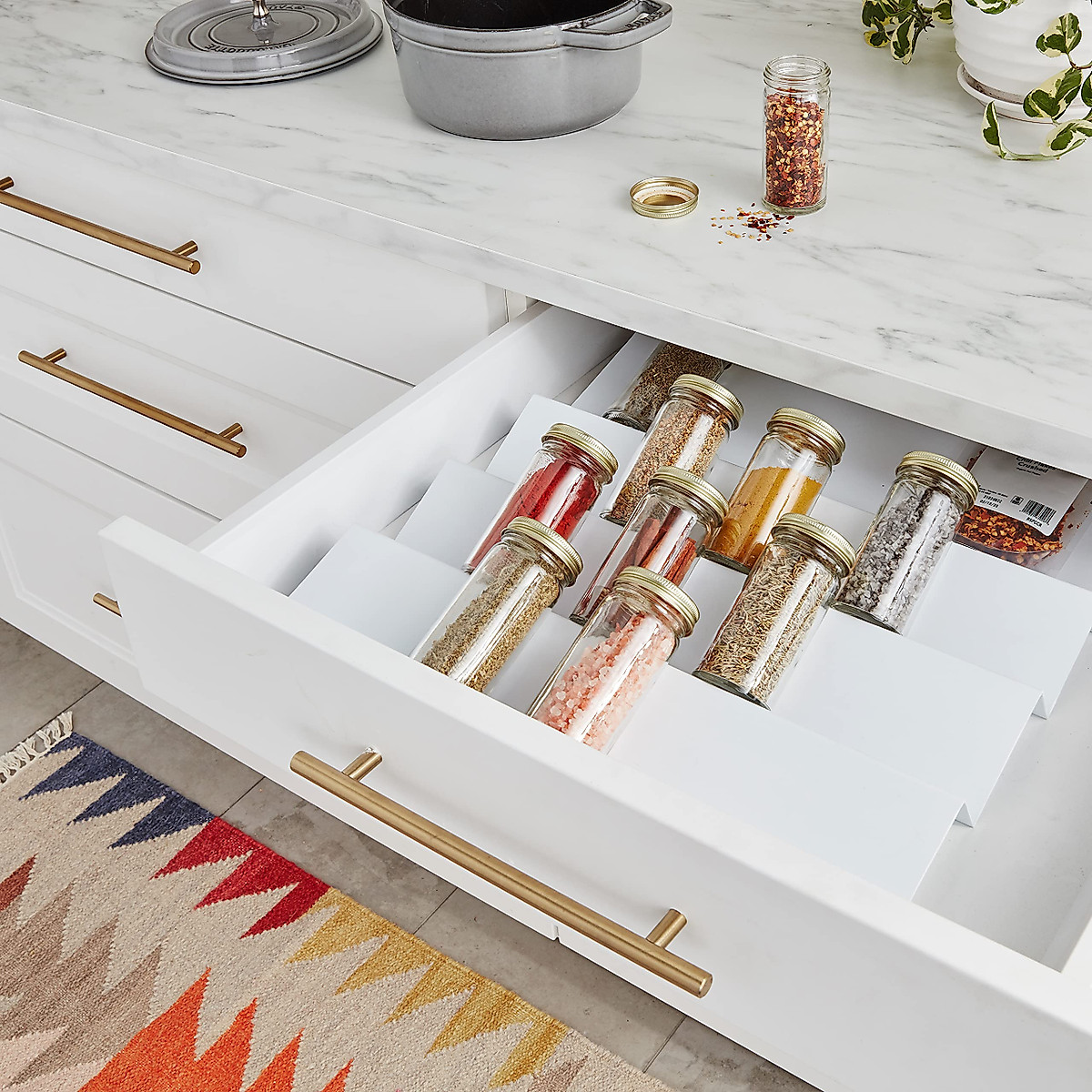 Vance 16 x 21 inch Trimmable Universal Spice Rack Drawer Organizer | White Kitchen Storage Tray for Cabinet Drawers and Shelves | Tiered Pantry Insert for Spices, Seasonings, Vitamins, or Herbs