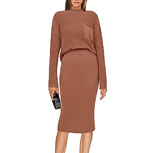 PRETTYGARDEN Womens 2024 Fall Two Piece Outfits Ribbed Knit Long Sleeve Pullover Sweater And Bodycon Midi Skirt Sets (Brown,Large)