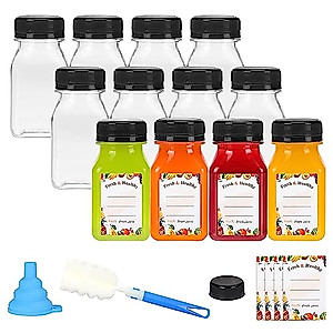 Moretoes 12pcs 4oz Plastic Juice Bottles with Caps Mini Empty Reusable Clear Water Containers with Tamper Proof Lids Black for Milk Juice Smoothies and Other Beverages