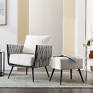 LukeAlon Velvet Accent Chair with Ottoman Set, Linen Weaved Back Living Room Chair with Metal Legs Upholstered Reading Chair with Armrest for Study Room Reception Room, Grey & Beige