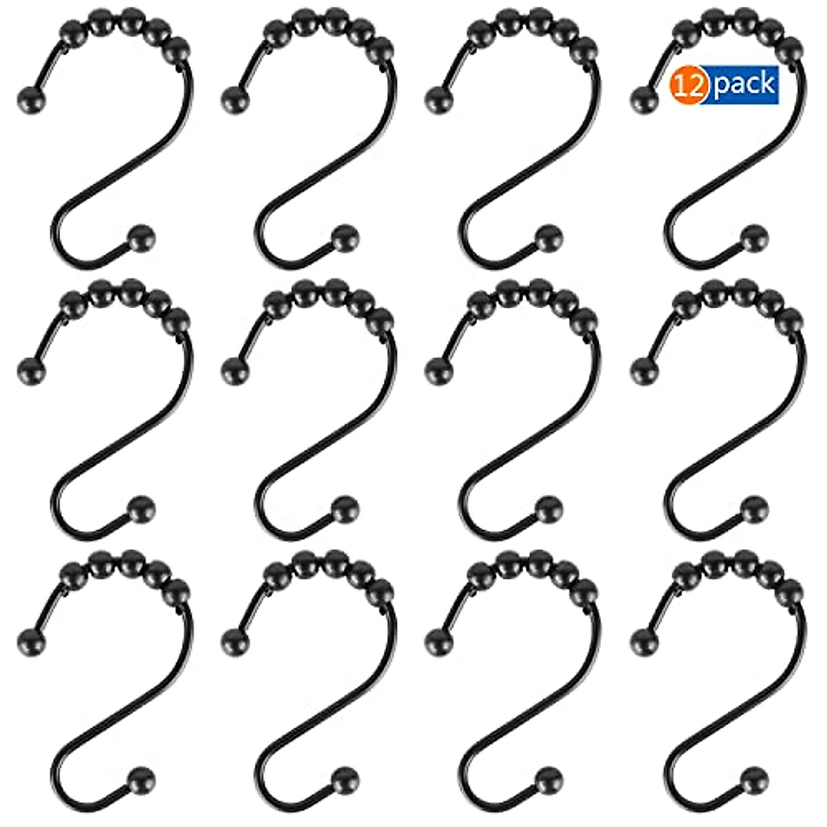 Shower Curtain Rings 12 Pcs Shower Curtain Hooks Metal Rust Resistant S Shaped with Rollers Shower Curtain Ring Hangers for Bathroom, Kitchen, Curtains, Clothing, Towels