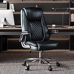 Homy Grigio High Back Ergonomic Office Chair with Adjustable Lumbar Support, Ergonomic Home Office Desk Chair with Wheels PU Leather Computer Chair Executive Office Chair with Flip-Up Arms(Black)