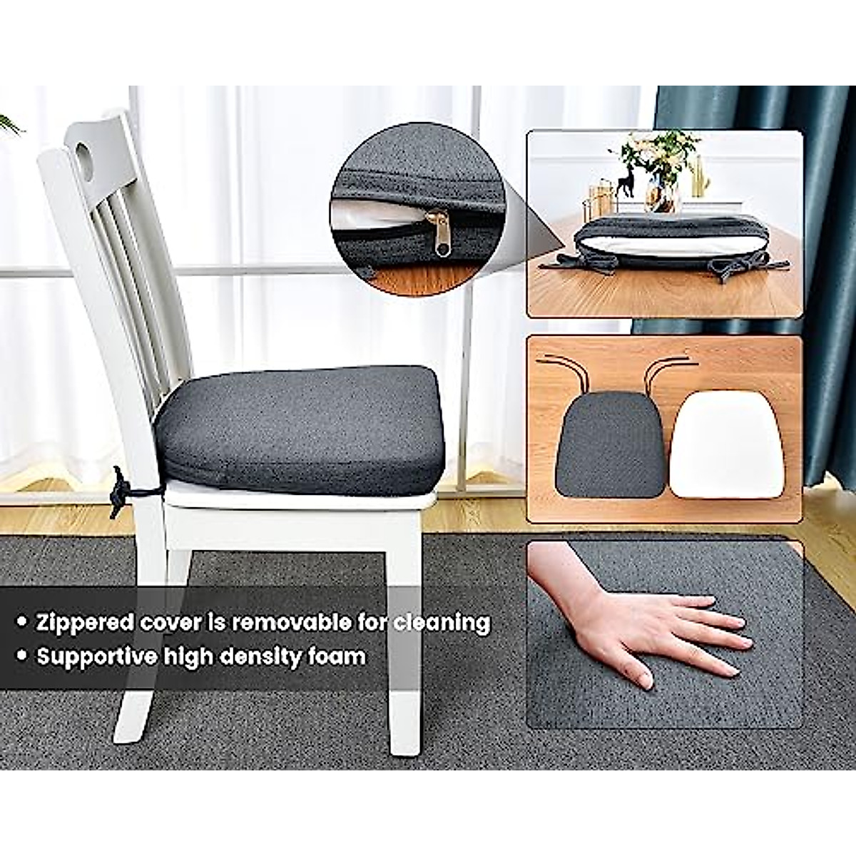 COSNUOSA Kitchen Chair Cushions Dining Chair Cushions with Ties Non Slip Kitchen Dining Chair Pads Seat Cushion Set 17 x 16 Inches Dark Grey 2 Pcs