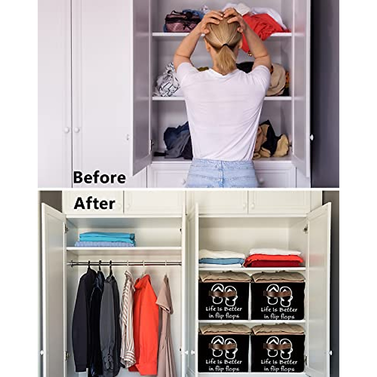 Storage Basket Black Flip Flops Large Foldable Storage Bins with Handles Life Is Better In Flip Flops Waterproof Fabric Laundry Baskets for Organizing Shelves Closet Toy Gifts Bedroom Home Decor