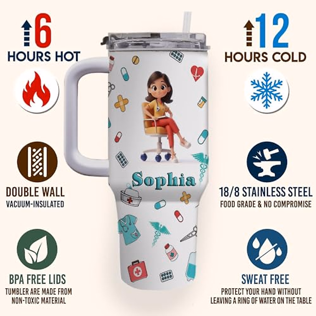 Personalized Nurse Tumbler 40oz -nurse therapeutic furniture designer-Custom Name Insulated Travel Mug with Handle & Straw, Gift for Nurses, Medical Workers, Appreciation, Mother's Day Zk9iPF