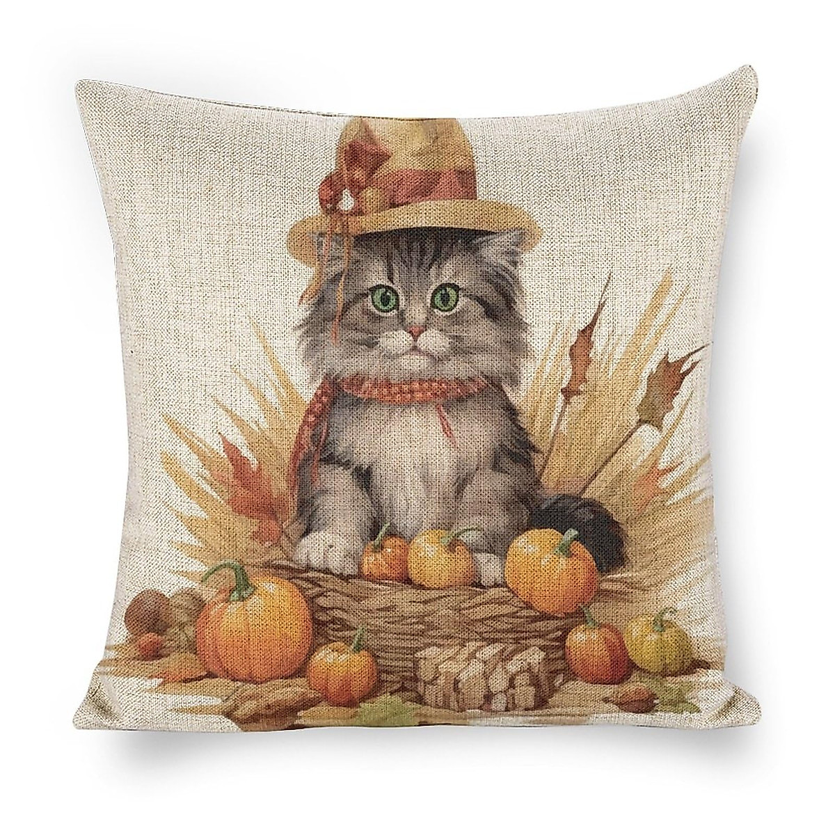 Cute Cat Autumn Pumpkin Throw Pillow Covers 18×18 Pillowcases Set of 1 Thanksgiving Day Linen Decorative Square Pillow Case Cushion Covers Standard Size for Sofa Couch Outdoor Bed Pillow Protectors