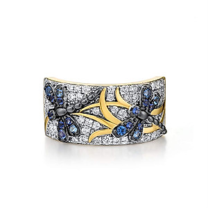 Santuzza 14K Gold Plated Dragonfly Ring Cubic Zirconia Blue Spinel 925 Sterling Silver Ring for Women (6.5)