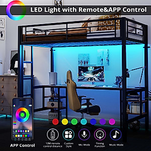 ANCTOR Loft Bed Twin Size with Desk and 4 Storage Shelves, Metal Loft Bed Frame with Power Outlet and LED Lighted, Safety Guard & Ladder, Space-Saving, Noise Free, Black