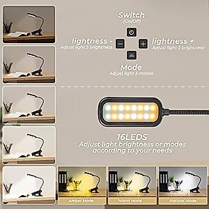QEZEZA Book Light for Reading in Bed, USB-C Rechargeable Book Light, Reading Light with 16 LEDs, 5 Brightness and 3 Color Modes,1000 mAh Strong Battery Life, 1 Hour Charge for Whole Day Working
