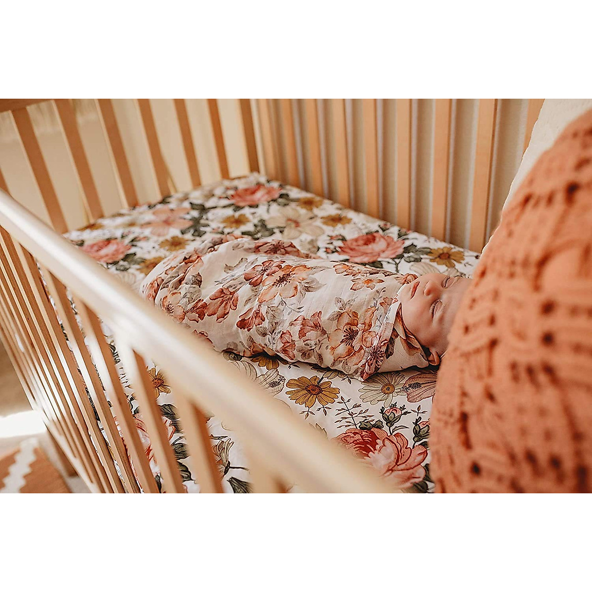 Fitted Crib Sheet (Mini Size) - Garden Floral (White) Design, Woven 100% Cotton for Baby Girl Infant Nursery Bedding and Bassinet Mattress Cover Inspiration by Mini Wander