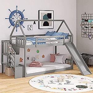 Harper & Bright Designs Low House Bunk Bed with Slide, Wood Twin Over Twin Floor Bunk Bed Frame with Storage Shelves, Roof, Full-Length Guardrail for Toddler, Kids, Boys or Girls, Grey