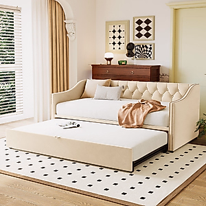 Twin Size Upholstered Daybed with Pop Up Trundle, Twin to King Size Day Bed, Trundle Can Be Flat Or Erected, Extendable Daybed Frame for Kids Teens (Beige-DB)