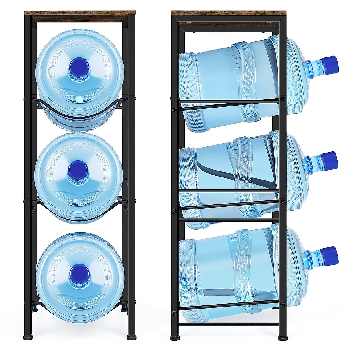 Water Bottle Holder 5 Gallon Water Cooler Jug Rack 3-Tiers Water Bottle Organizer with Storage Shelves for Kitchen Living Room Office, Rustic Brown