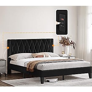 Yaheetech Queen Size Upholstered Bed Frame with Headboard and 2 USB Charging Stations/Ports for Type A & Type C, Velvet Platform Bed Frame with Mattress Foundation and Wood Slat Support, Black