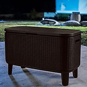 Keter Bevy Bar Indoor Outdoor 17 Gallon 2 in 1 Beverage and Snack Station Pop Up Side Table Bar Cart, Beer and Wine Cooler Storage, Rattan Brown
