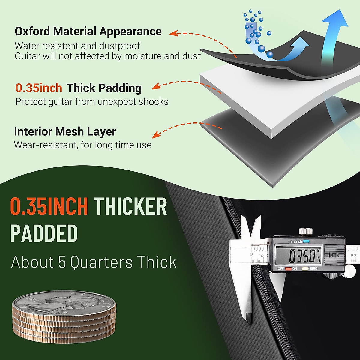 CAHAYA 𝗔𝗰𝗼𝘂𝘀𝘁𝗶𝗰 𝗚𝘂𝗶𝘁𝗮𝗿 𝗕𝗮𝗴 0.35 In Thick Padding for 40 41 42 in Acoustic Guitars Waterproof Dual Adjustable Shoulder Strap Guitar Case Gig Bag with Back Hanger Loop, Green CY0291