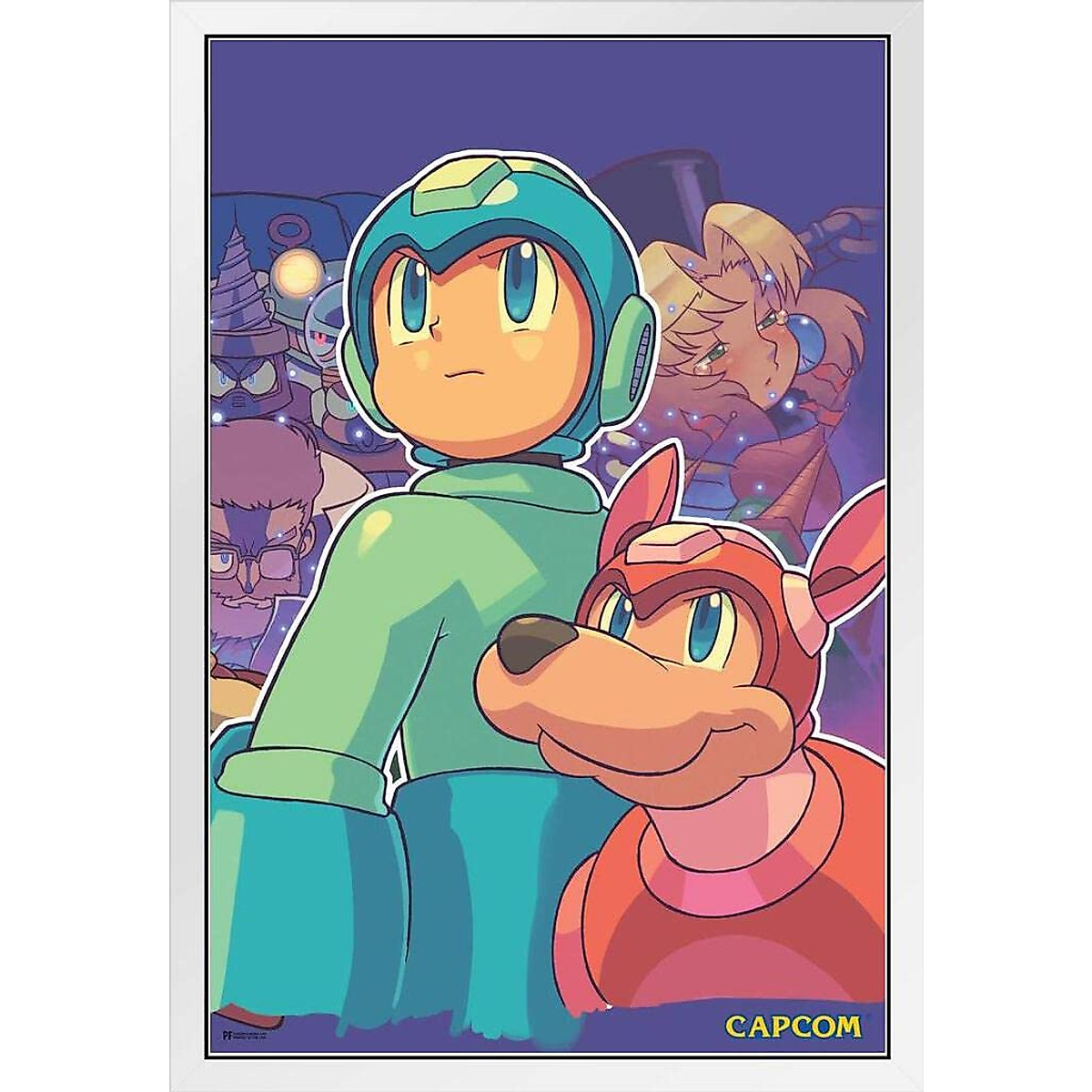 Mega Man Rush Dog Video Game Video Gamer Classic Retro Vintage 90s Gaming MegaMan Capcom Legacy Collection Megaman 11 Mega Man X Dr Wily White Wood Framed Poster 14x20