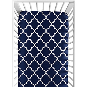 Navy Blue and White Modern Baby or Toddler Fitted Crib Sheet for Trellis Lattice Collection by Sweet JoJo Designs