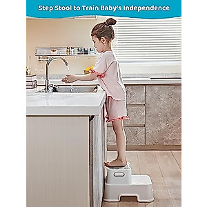 HEETA 2 Step Stool for Kids and Toddler, Anti-Slip Sturdy Step Stool for Potty Training or Kitchen Helper Stool, 2 in 1 Step Dual Height to Reach Kitchen Counter Bed or Sink, Grey & White