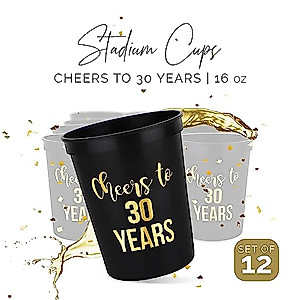 Cheers to 30 Years Cups, 30th Birthday Party Cups, Set of 12, 16oz Black and Gold Stadium 30th Birthday Cups, Perfect for Birthday Parties, Birthday Decorations