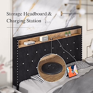 HOMBCK Queen Size Bed Frame with Led Lights, Storage Shelf Headboard, Black Velvet Upholstered, No Box Spring Needed, Noise-Free