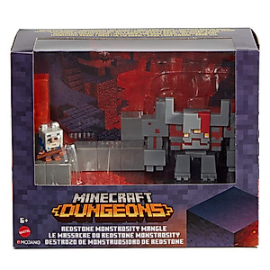 Mattel Minecraft Dungeons Mini Battle Box, with Exclusive Redstone Monstrosity, Valorie Character and Lava Set Piece, Action and Adventure Toy Based on Video Game, Gift for Kids Age 6 and Older