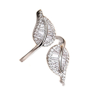 Vsoruln Diamond Leaf Ring for Women Wedding Band Sterling Silver Twisted Olive Branch Leaf Simulated Round Brilliant Adjustable Open Zircon Ring Promise Wedding Band