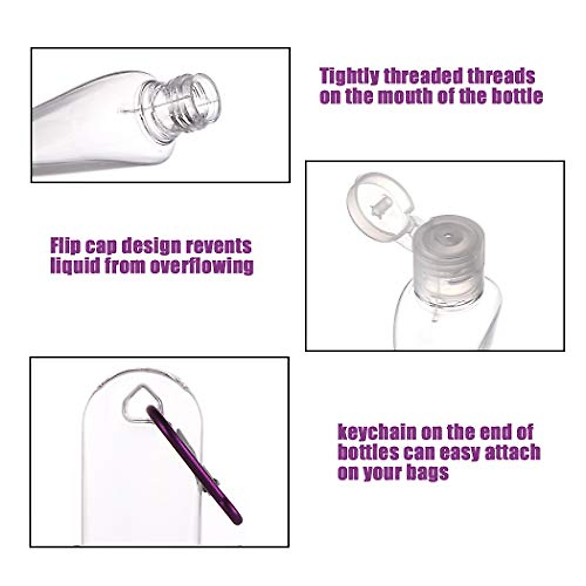 HATTIE 50Pack Travel Plastic Clear Keychain Bottles 50ml/2oz Portable Leakproof Squeeze Small Bottles With Flip Cap Refillable Empty Containers for Lotion Soap Toiletry