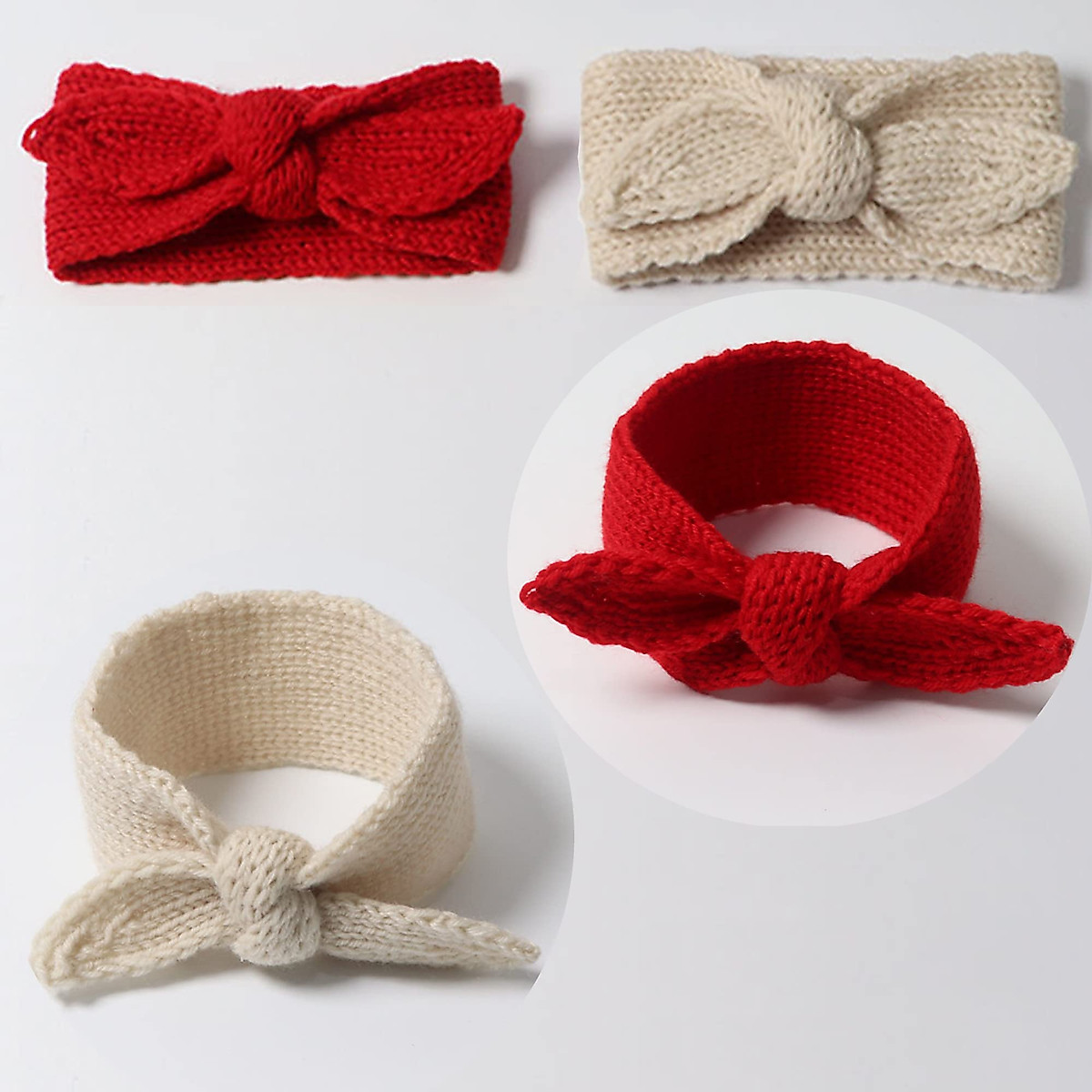 IZUS Turban Headband Baby Girl - Warm Rabbit Knot Hair Band, Knit Head Wrap for Newborn, Toddler and Children (Red + Beige)