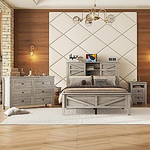 SOFTSEA Farmhouse Bedroom Set, Full Size Platform Bed with Storage Headboard, Nightstand and Dresser, Wood Bedroom Furniture Set, 3 Piece Full Bedroom Set, Gray