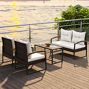 Tangkula 4 Piece Patio Conversation Set, with Heavy Duty Solid Acacia Wood Armrests & Tabletop, Outdoor Cushioned Wicker Furniture Set for Backyard, Poolside, Lawn, Blacony (1, Off White)